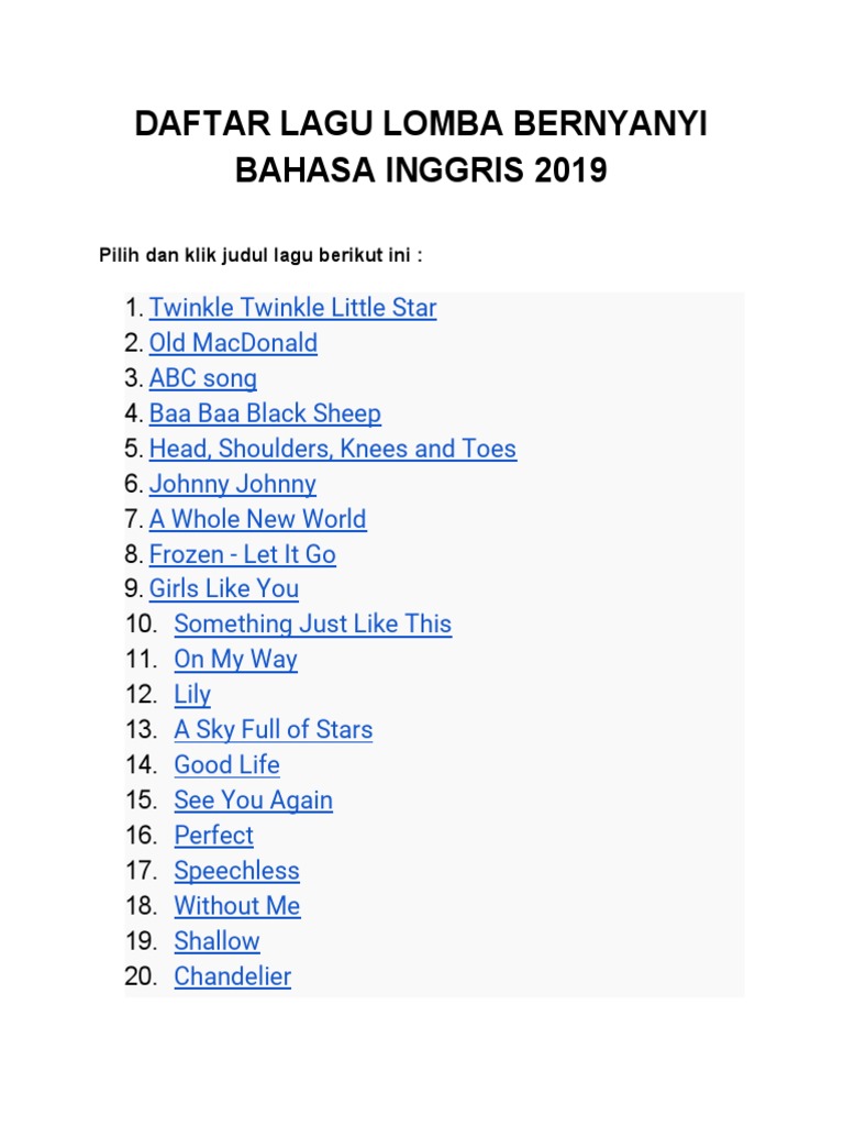 2019 English Singing Competition Songs | PDF | Art