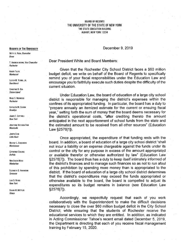 Board of Regents Letter To RCSD School Board 12 1019 | PDF