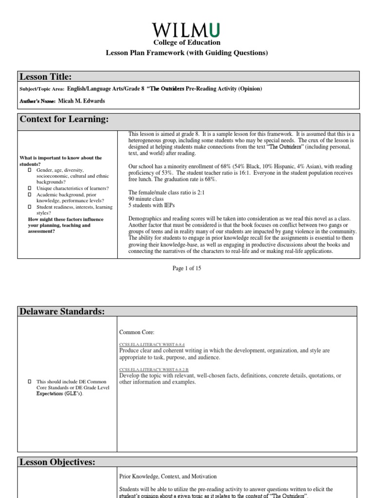 Week 3 - Lesson Plan #1 - Outsiders (Revised) | PDF | Competence (Human ...