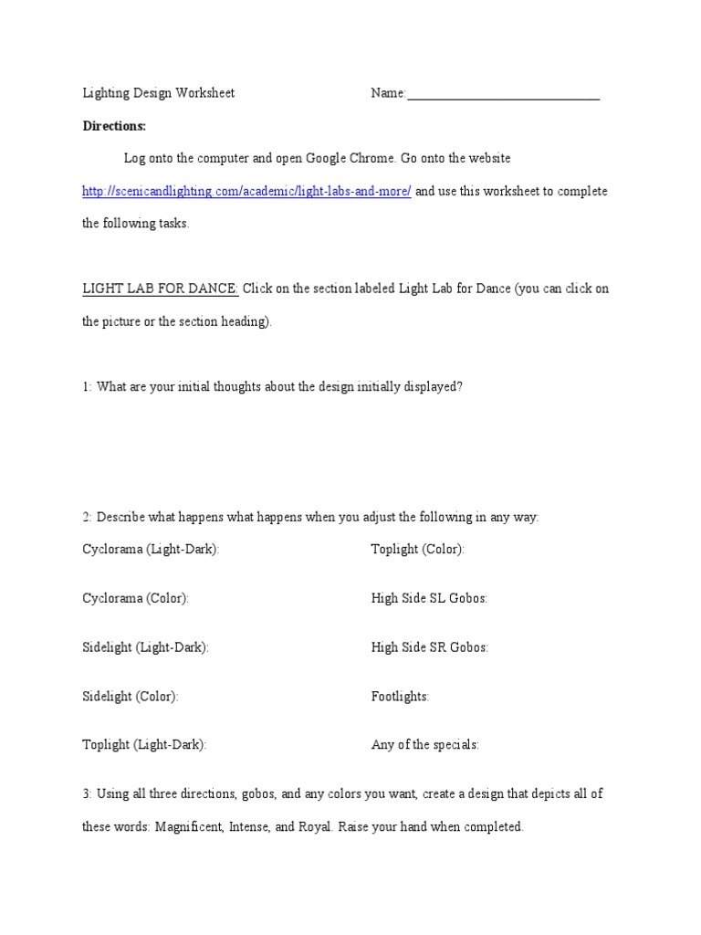 Lighting Design Worksheet for Labs | PDF