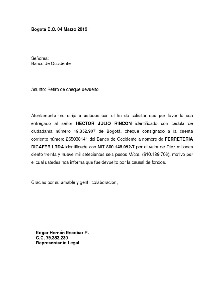 Carta Recoger Cheques Devueltos | PDF