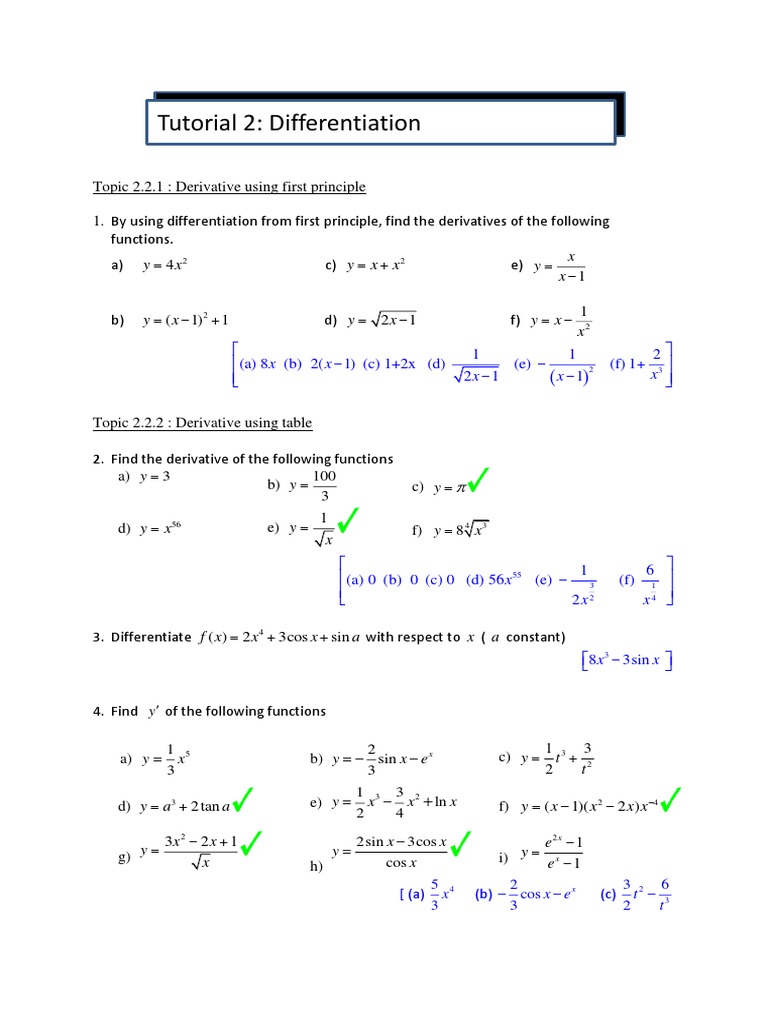 Tutorial Chapter 2 Differentiation Pdf Derivative Subtraction