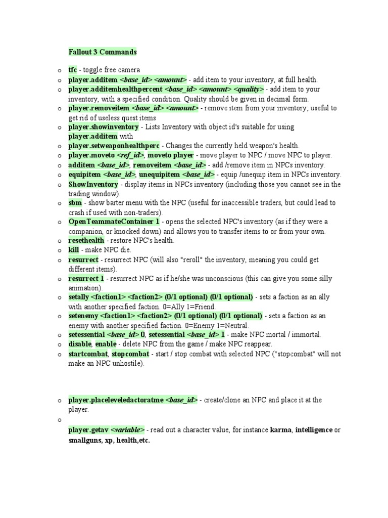 A Comprehensive Guide to Console Commands in Fallout 3 and Fallout New Vegas | PDF