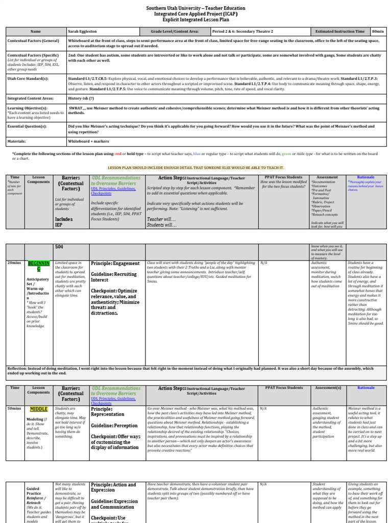 Meisner Method Lesson Plan Icap | PDF | Lesson Plan | Individualized ...