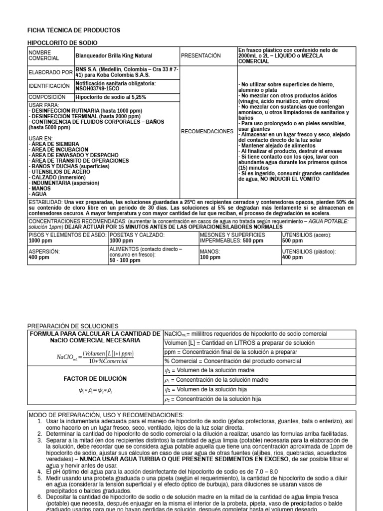 FICHA TÉCNICA BLANQUEADOR BRILLA KING.pdf | Concentración | Agua ...