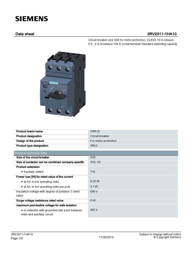 3RV20111HA10 Datasheet en PDF | PDF | Alternating Current | Electric Motor