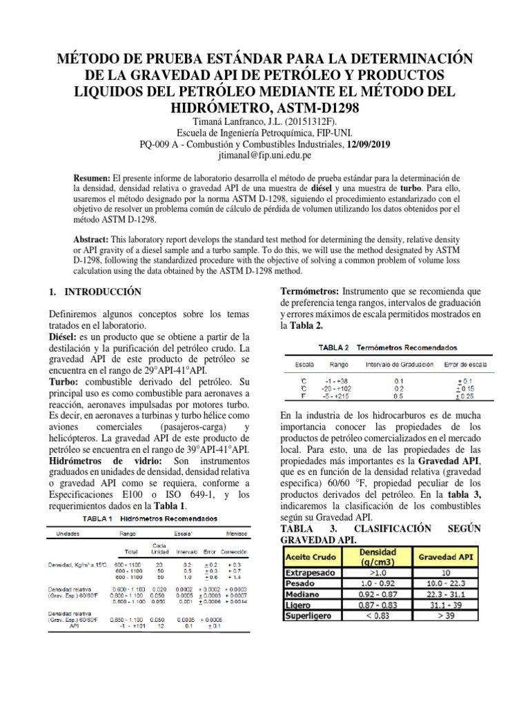 Determinación de Gravedad API en Petróleo | PDF | Petróleo | Densidad