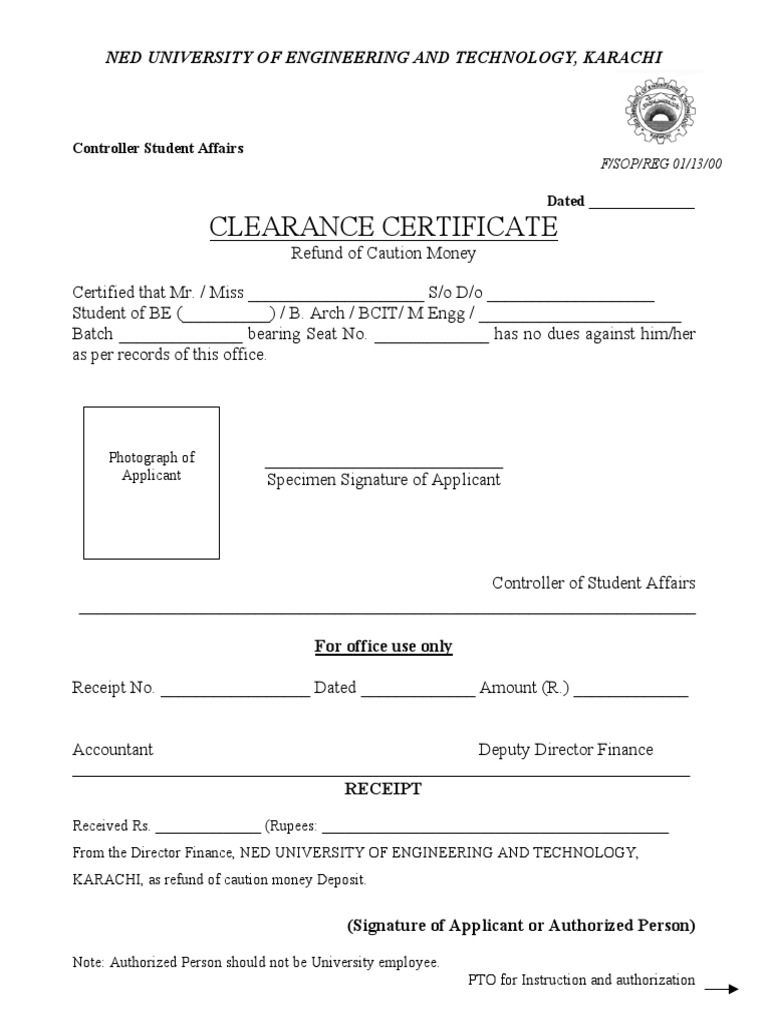 Caution Money Clearance Certificate | PDF | Banking | Services (Economics)