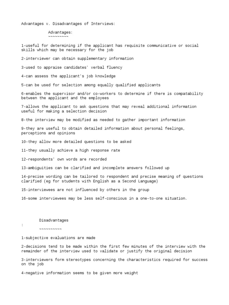 Advantages v. Disadvantages of Interviews - Avantages v. Inconvénients ... Advantages v. Disadvantages of Interviews - Avantages v. Inconvénients ...
