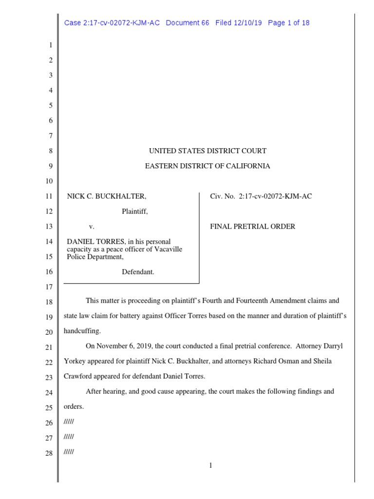 Buckhalter Final Pretrial Order | PDF | Discovery (Law) | Daubert Standard