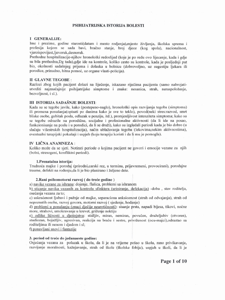 Psihijatrijska Historija Bolesti | PDF