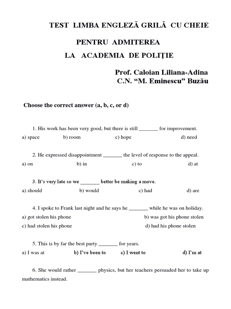 English Test for Police Academy Admission | PDF
