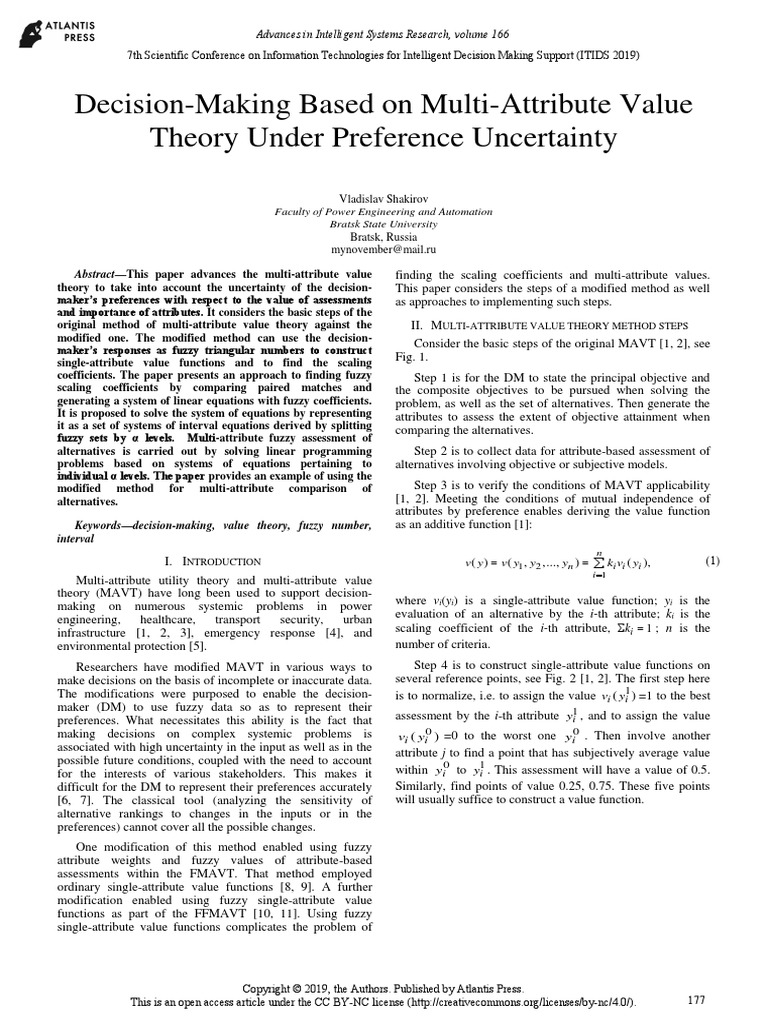 Decision-Making Based On Multi-Attribute Value Theory Under Preference Uncertainty PDF | PDF ...