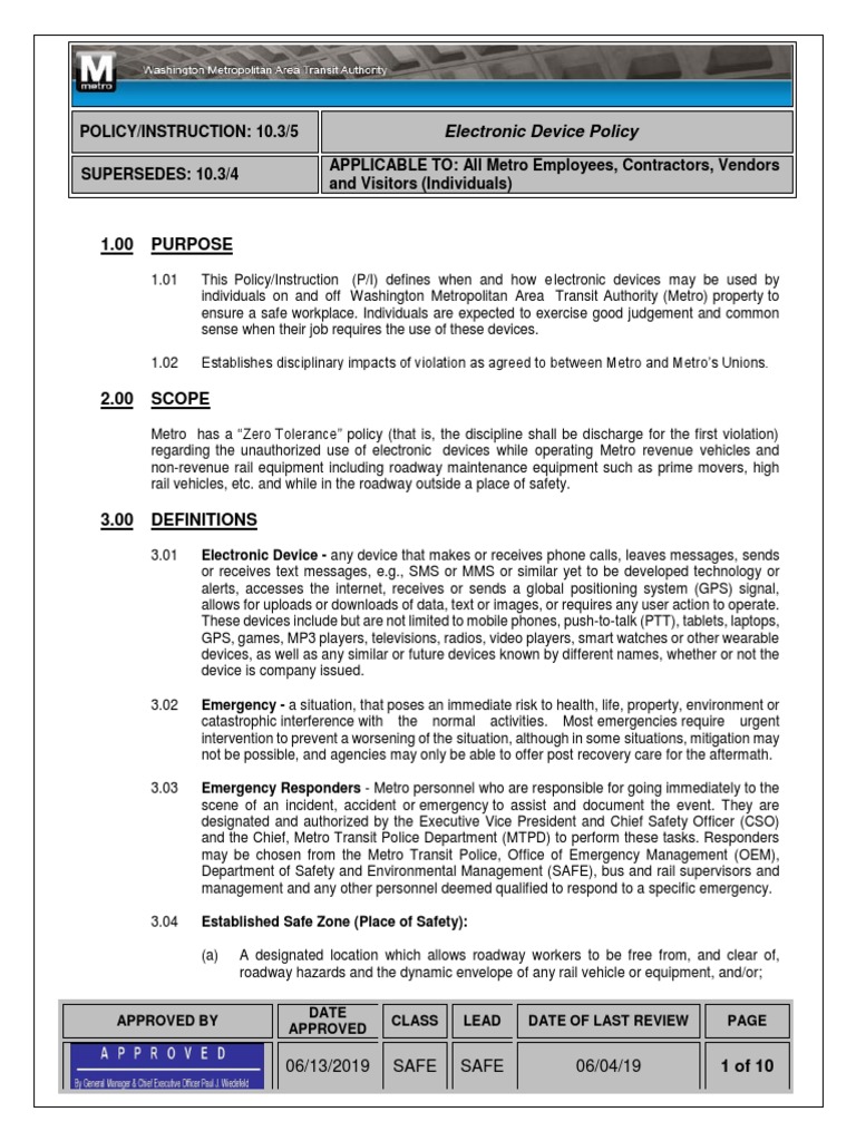 Metro Electronic Device Use Policy | PDF | Emergency | Text Messaging