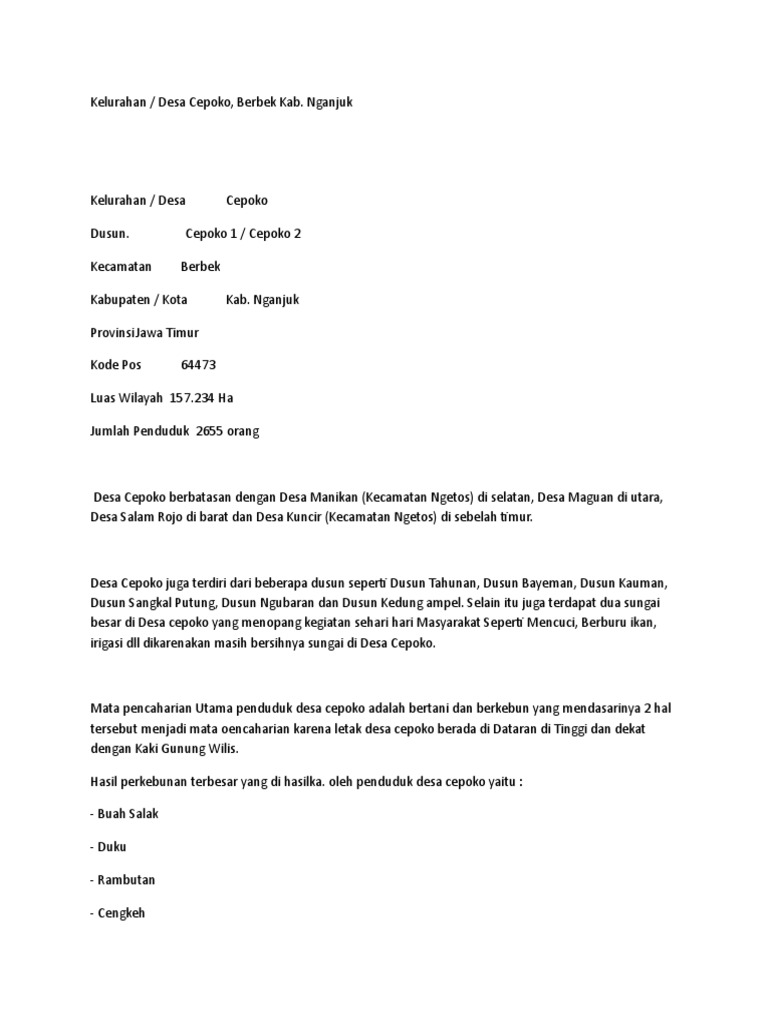 Sejarah dan Kehidupan Desa Cepoko | PDF
