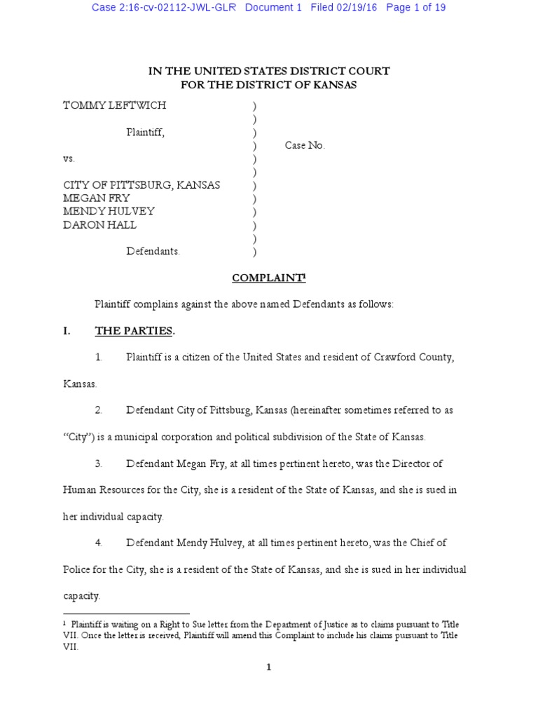 Complaint Tommy Leftwich Versus City of Pittsburg, Kansas, Megan Fry ...