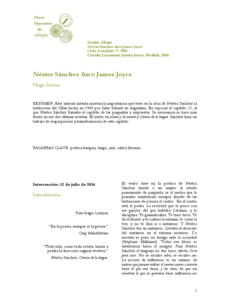 Néstor Sánchez Hace James Joyce PDF | PDF | James Joyce | Ulises (novela)