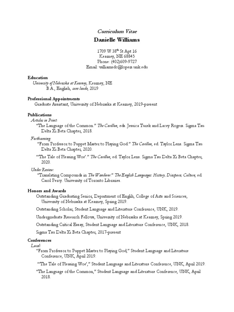 Danielle Williams CV: English Scholar | PDF | Travel