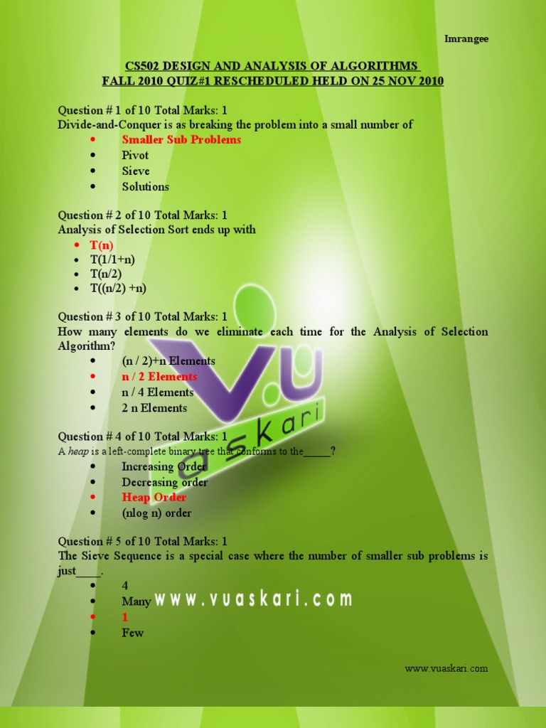 Quiz#1Reschduled CS502 Design and Analysis of Algorithms | PDF | Time ...