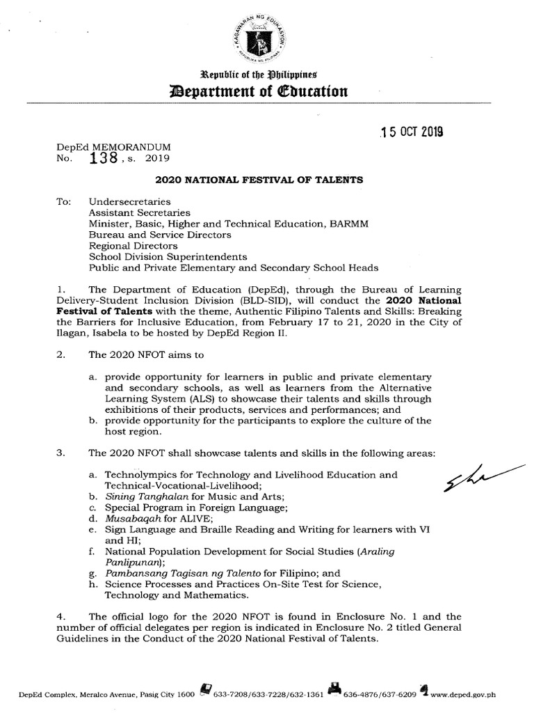 DepEd Memo 2020 NFOT Feb 17-21 2020 Ilagan City, Isabela | PDF