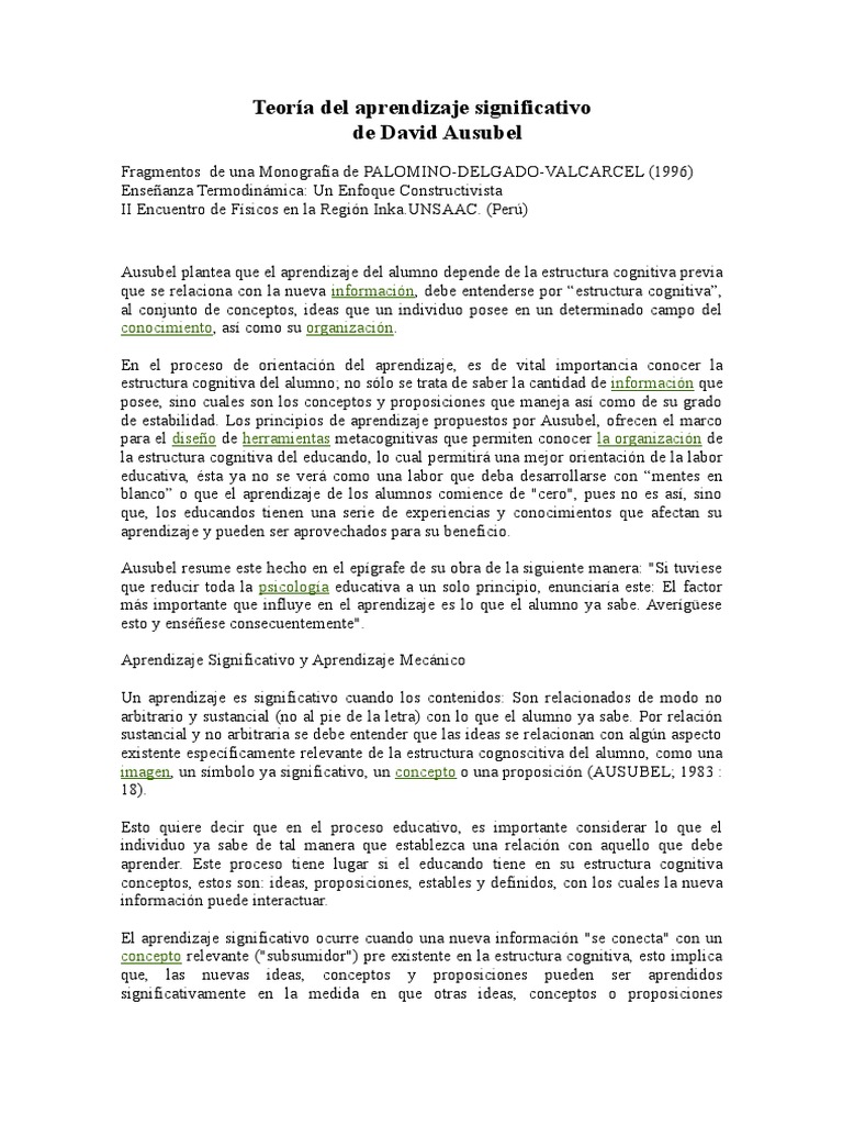 Teoría Del Aprendizaje Significativo. Ausubel | Descargar gratis PDF | Neuropsicología | Aprendizaje