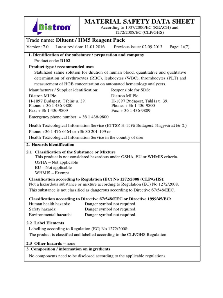SDS - Diluent - HM5 Reagent Pack - v.7.0 - EN PDF | PDF | Dangerous ...