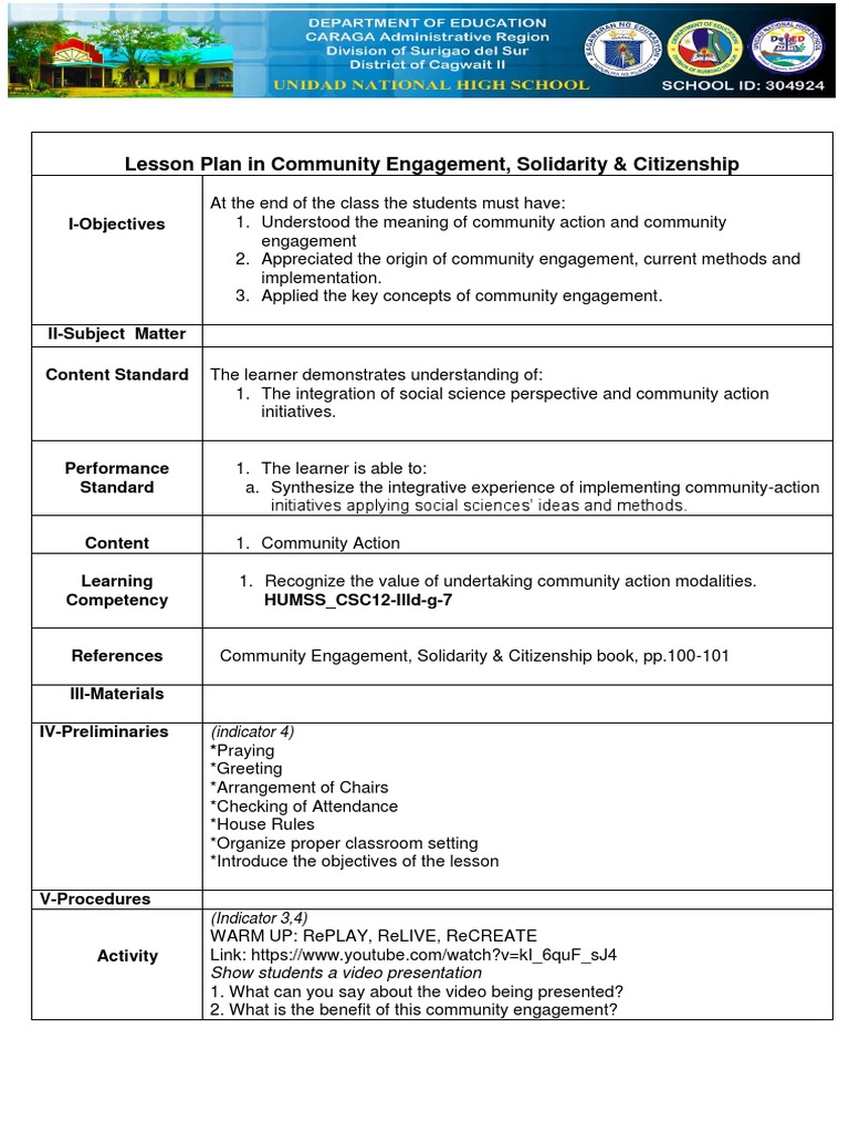 Lesson Plan on Community Engagement, Solidarity & Citizenship | PDF ...