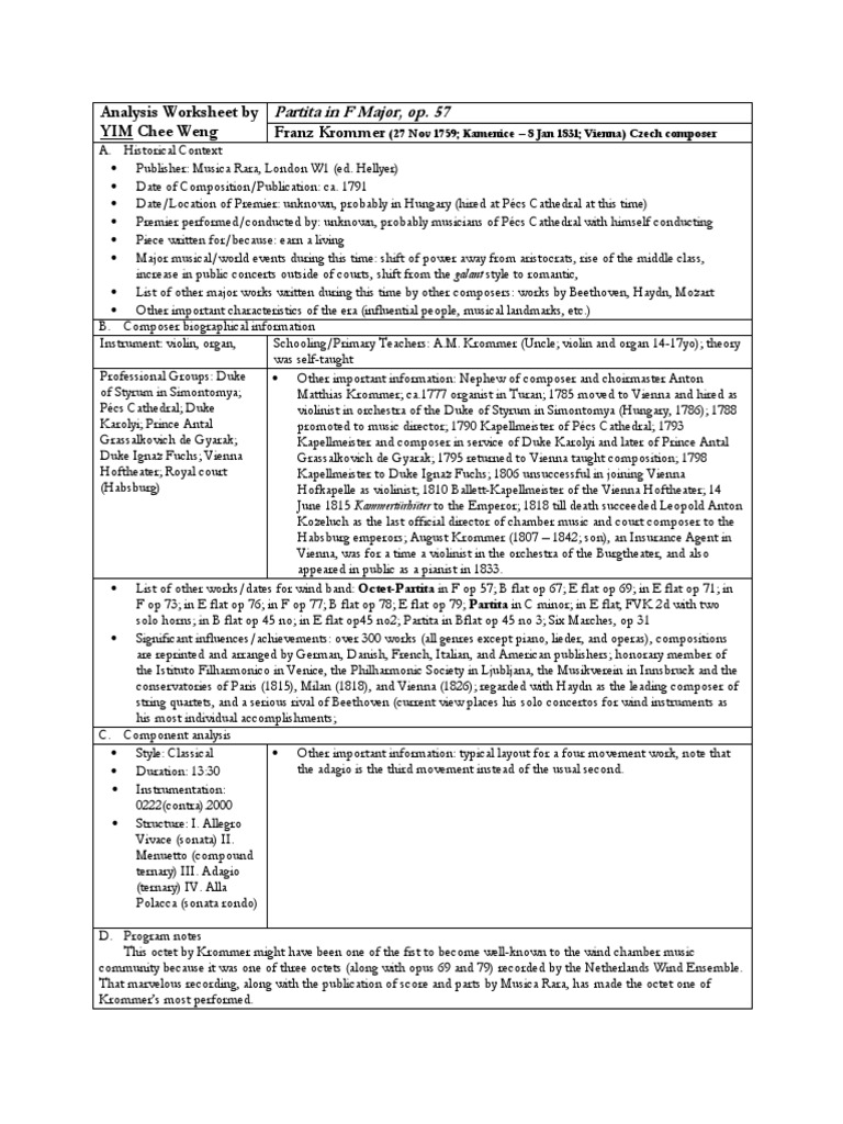 Krommer Analysis Worksheet | PDF | Classical Period (Music) | Ludwig ...