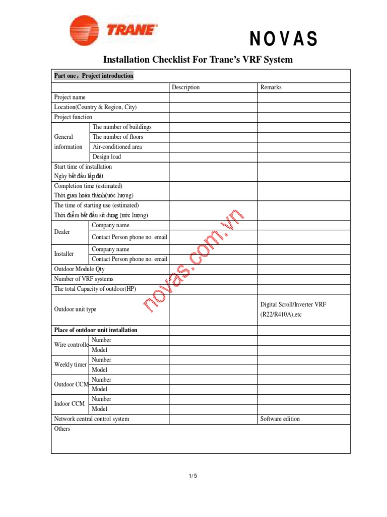 Installation Checklist For Trane's VRF System | PDF