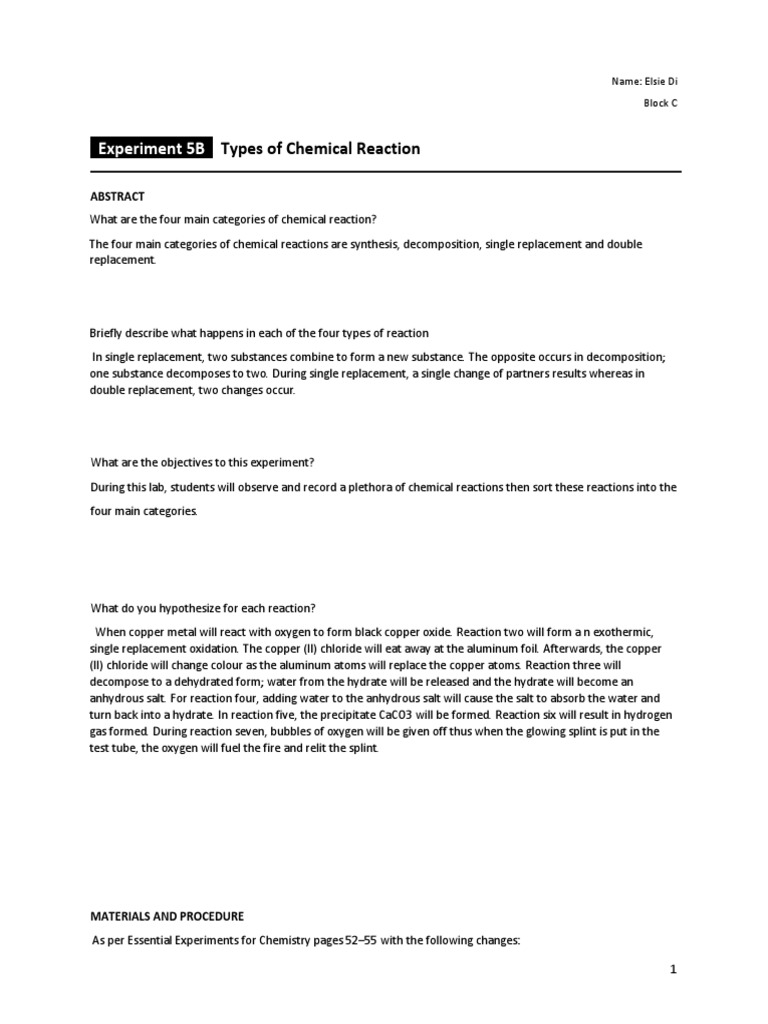 Experiment 5B Types of Chemical Reactions | PDF | Chemical Reactions ...