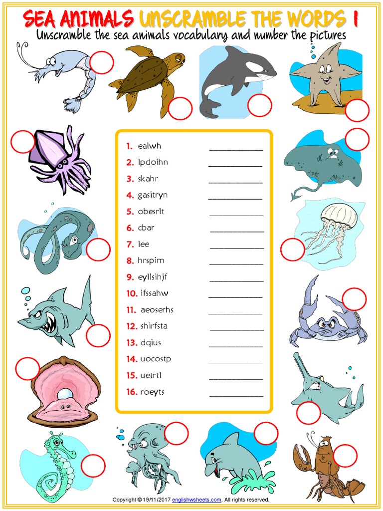 Sea Animals Vocabulary Esl Unscramble The Words Worksheets For Kids PDF ...