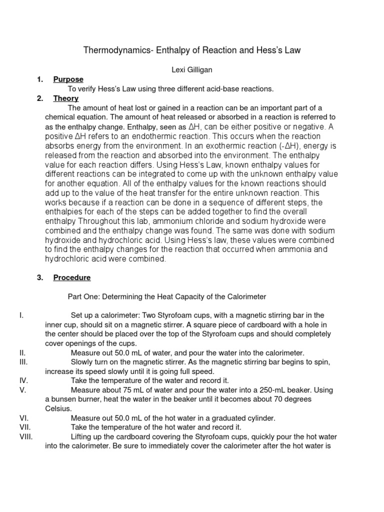 Verifying Hess's Law: Determining Enthalpy Changes for Three Acid-Base ...