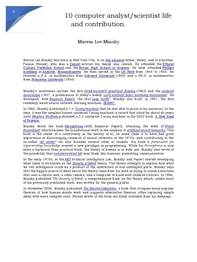 Marvin Lee Minsky | PDF | Computing | Computing And Information Technology