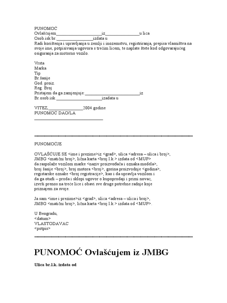 Punomocje Vozilo | PDF