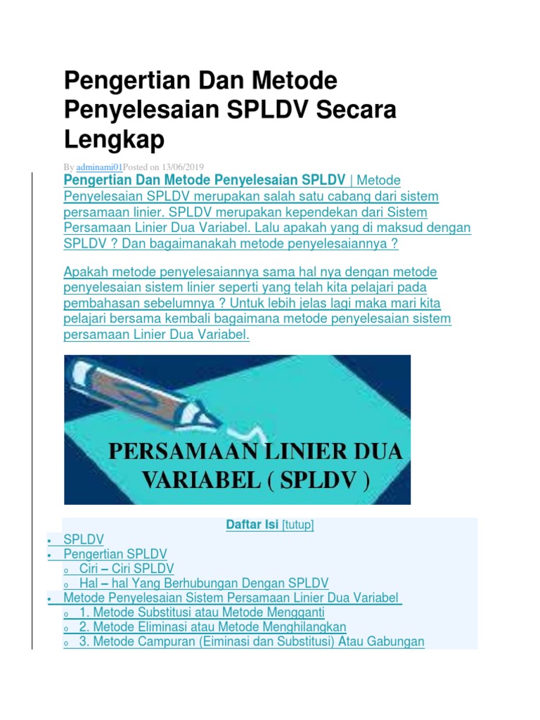 Pengertian Dan Metode Penyelesaian SPLDV Secara Lengkap | PDF