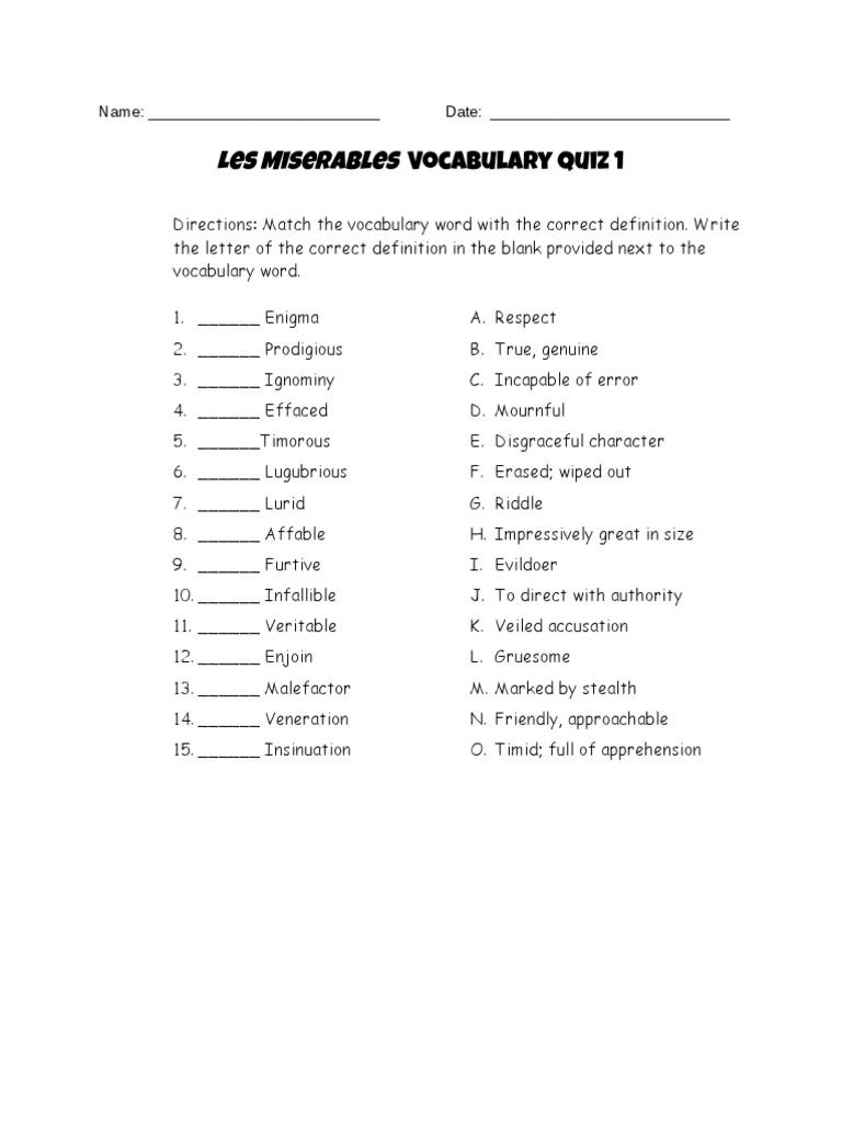 Les Miserables Vocab Quiz 1 | PDF