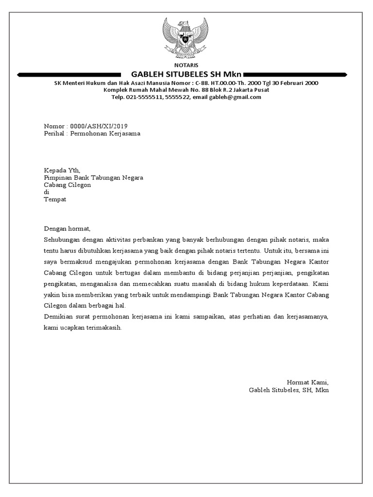 Surat Permohonan Kerjasama Notaris Dengan Bank | PDF
