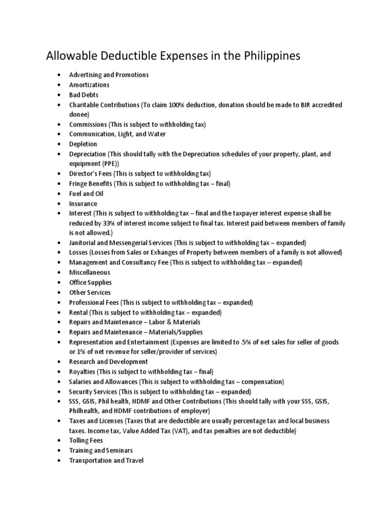 Allowable Deductible Expenses in The Philippines | PDF | Tax Deduction ...