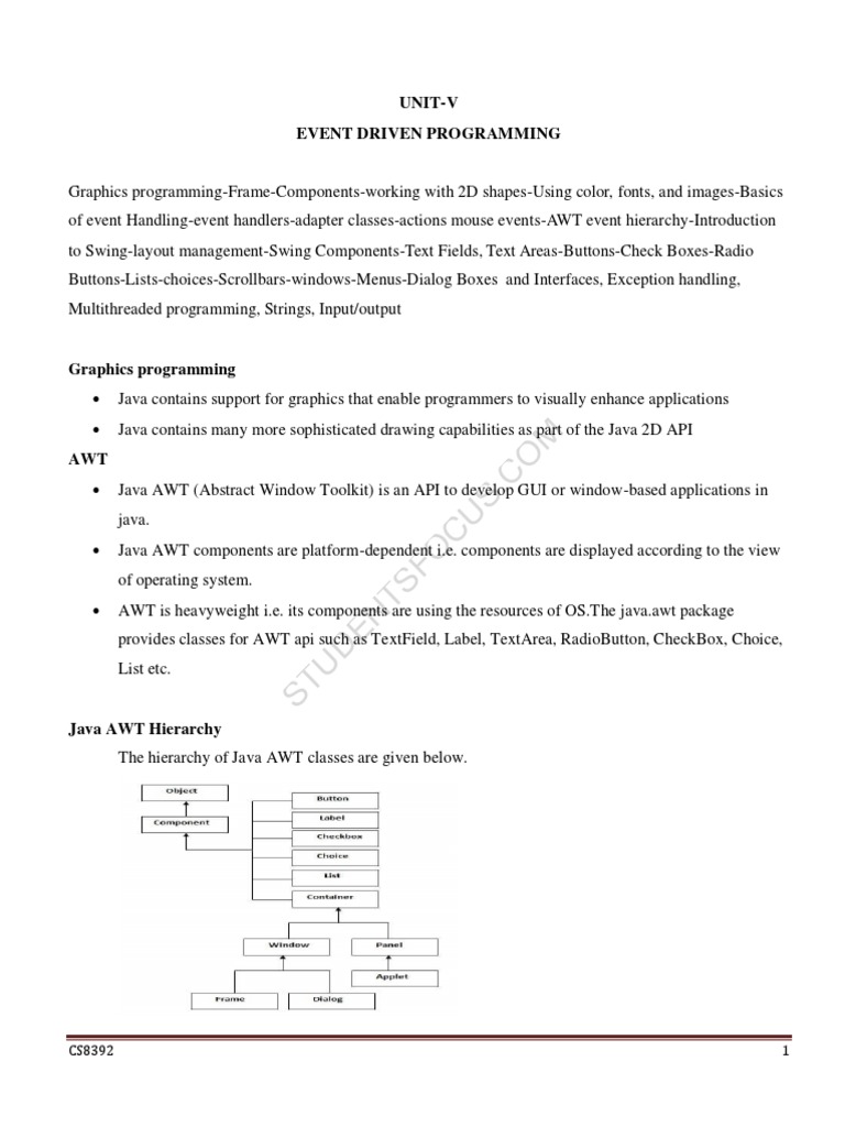 Unit 5 Pdf Graphical User Interfaces Object Oriented Programming