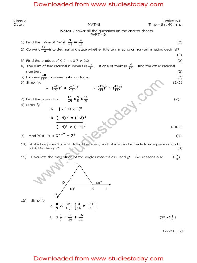 CBSE Class 7 Mathematics Question Paper Set F - 3 | PDF | Classical Geometry | Triangle