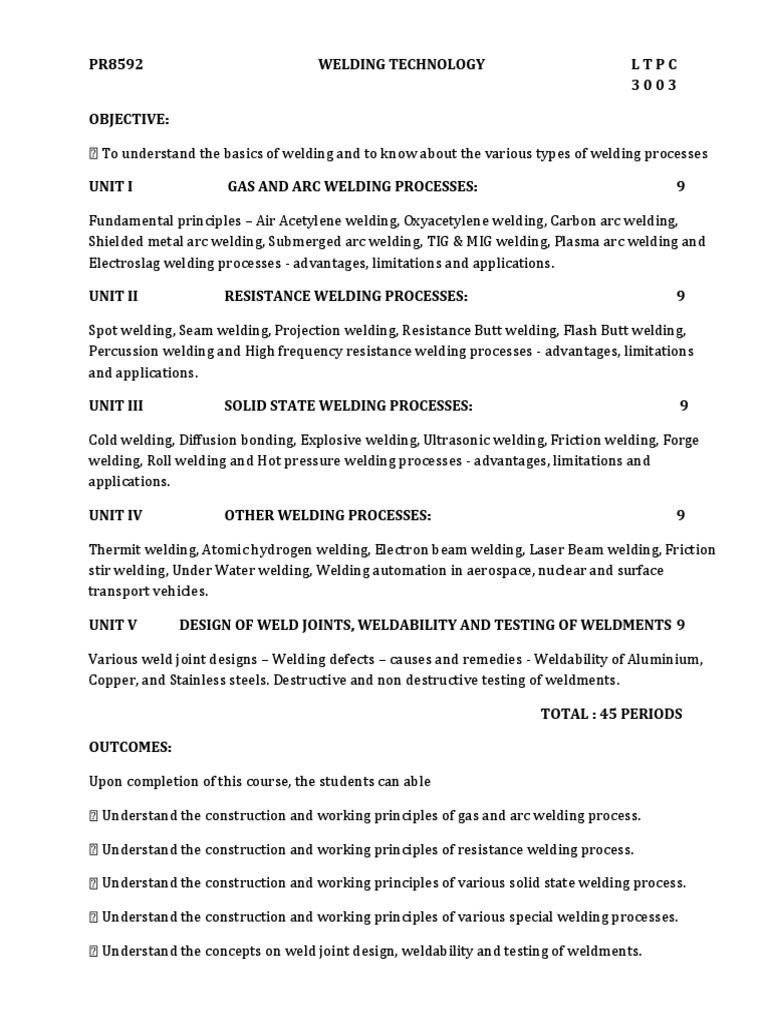 Syllabus WELDING TECHNOLOGY R2017 | PDF | Welding | Construction