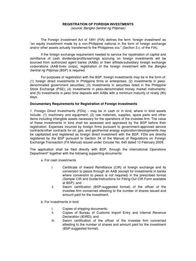 BSP Guideline On Registration-Of-Foreign-Investments | PDF | Stocks ...