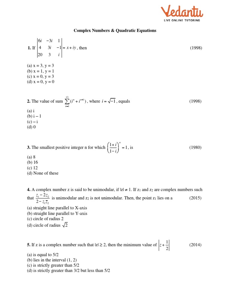 JEE - Mathematics - Complex Numbers - Quadratic Equations | PDF | Complex Number | Quadratic ...