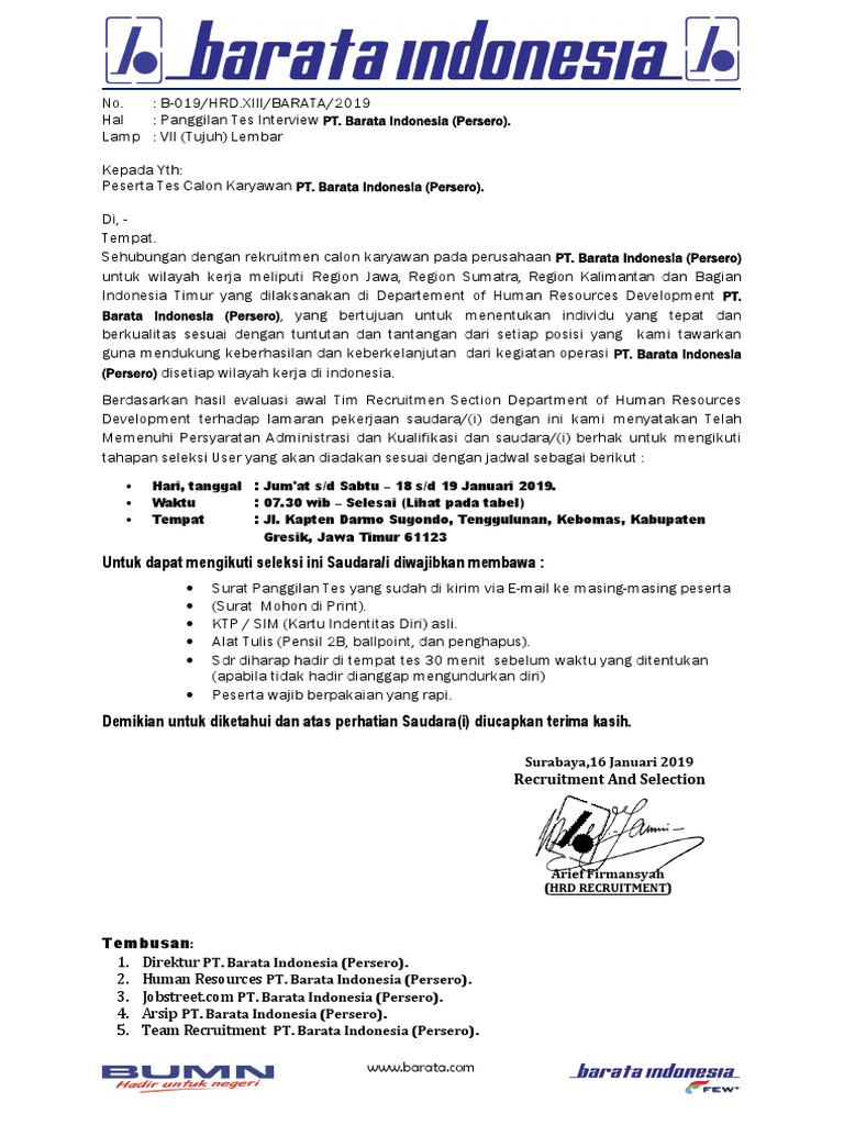 Undangan Interview PT. Barata Indonesia (Persero) | PDF