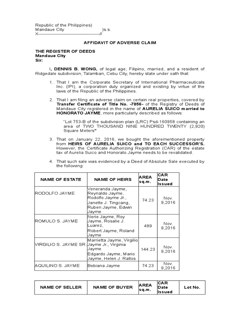 Property Adverse Claim Notice | PDF | Civil Law (Common Law) | Urban