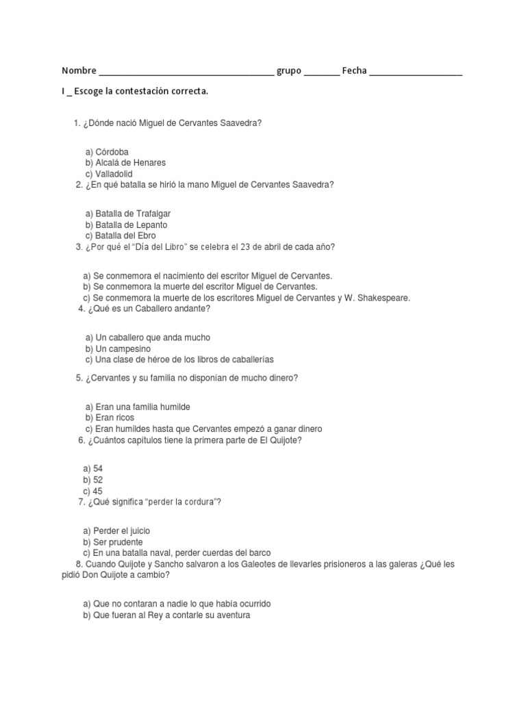 2 Examen Del Quijote | PDF | Don Quijote | Miguel De Cervantes