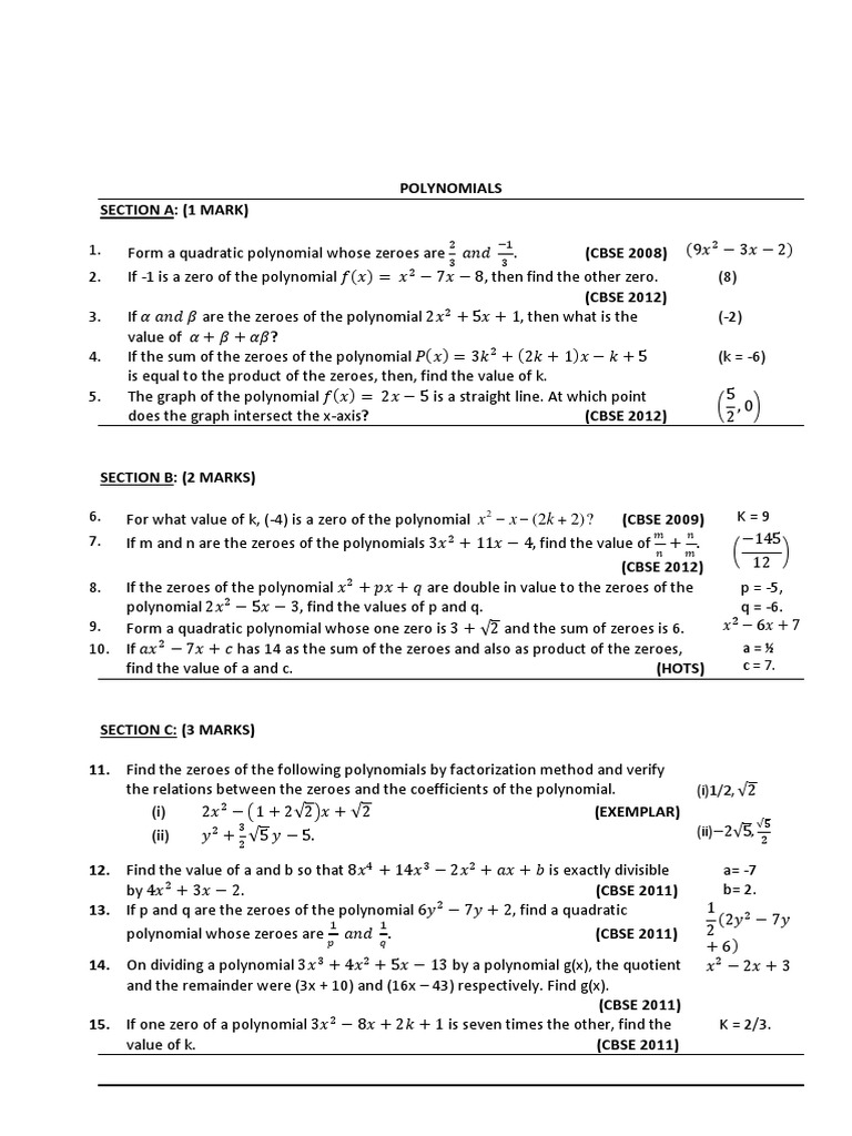 Class 10 Polynomials Worksheet PDF | PDF | Polynomial | Mathematical ...