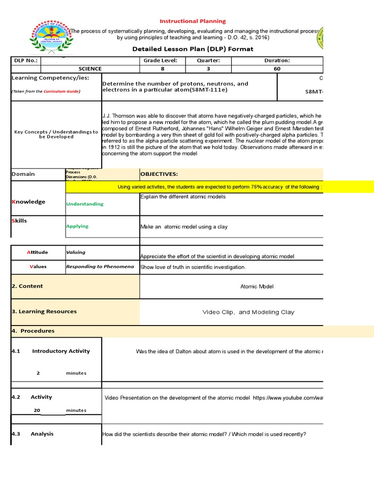 Atomic Models Lesson Plan Grade 8 | PDF | Atoms | Atomic Physics
