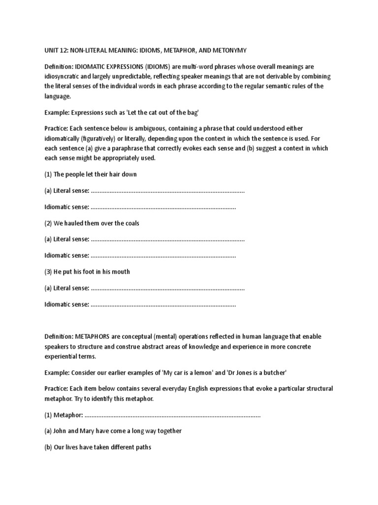 Unit 12 Non-Literal | PDF | Idiom | Metaphor