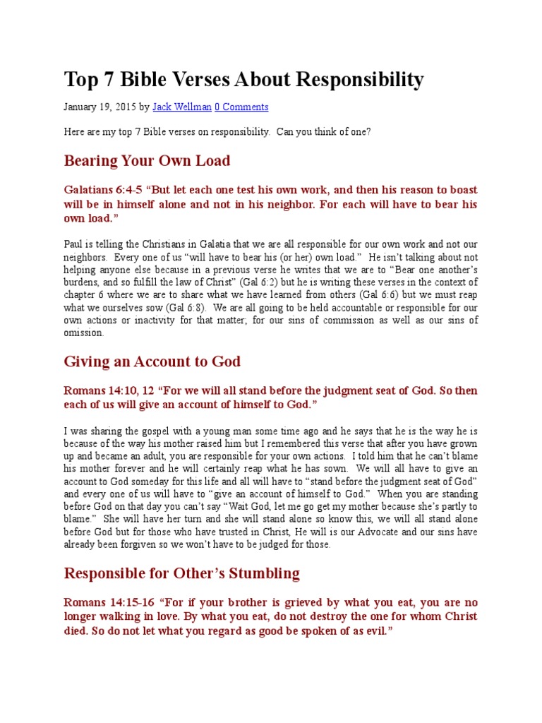 Top 7 Bible Verses About Responsibility | PDF | Repentance | Acts Of ...